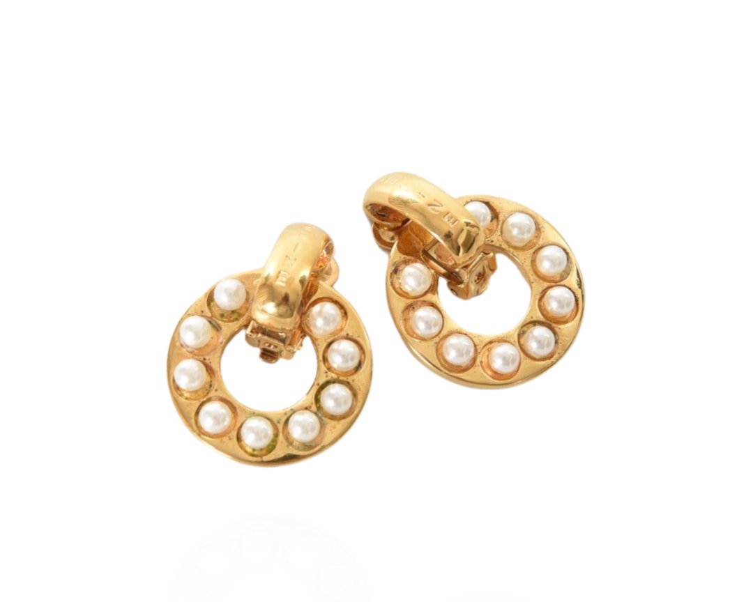 Celine Clip on Clips Earrings Gold Tone Circle Logo Pearl Swing Vintage ...