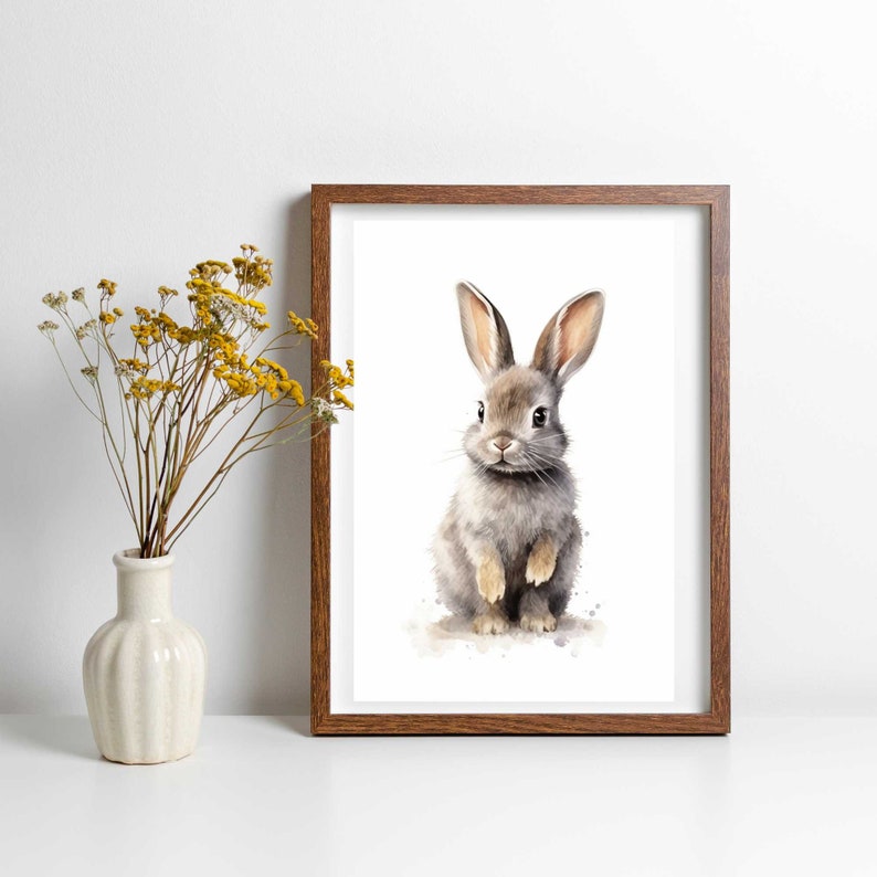 Grey Bunny Printable Wall Art, Watercolor Baby Bunny Print, Nursery ...