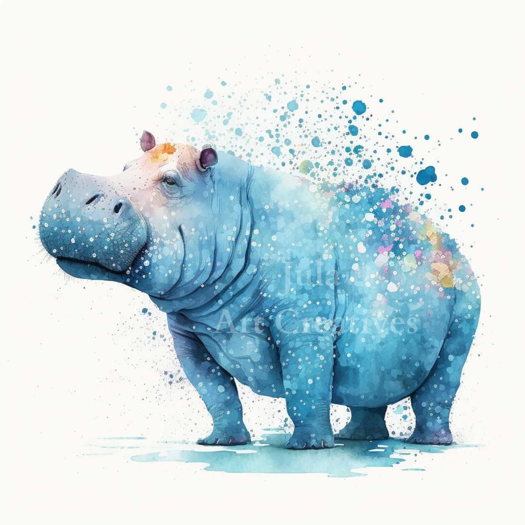 Bubbly Hippo Printable Wall Art, Watercolor Hippo Painting, Nursery ...