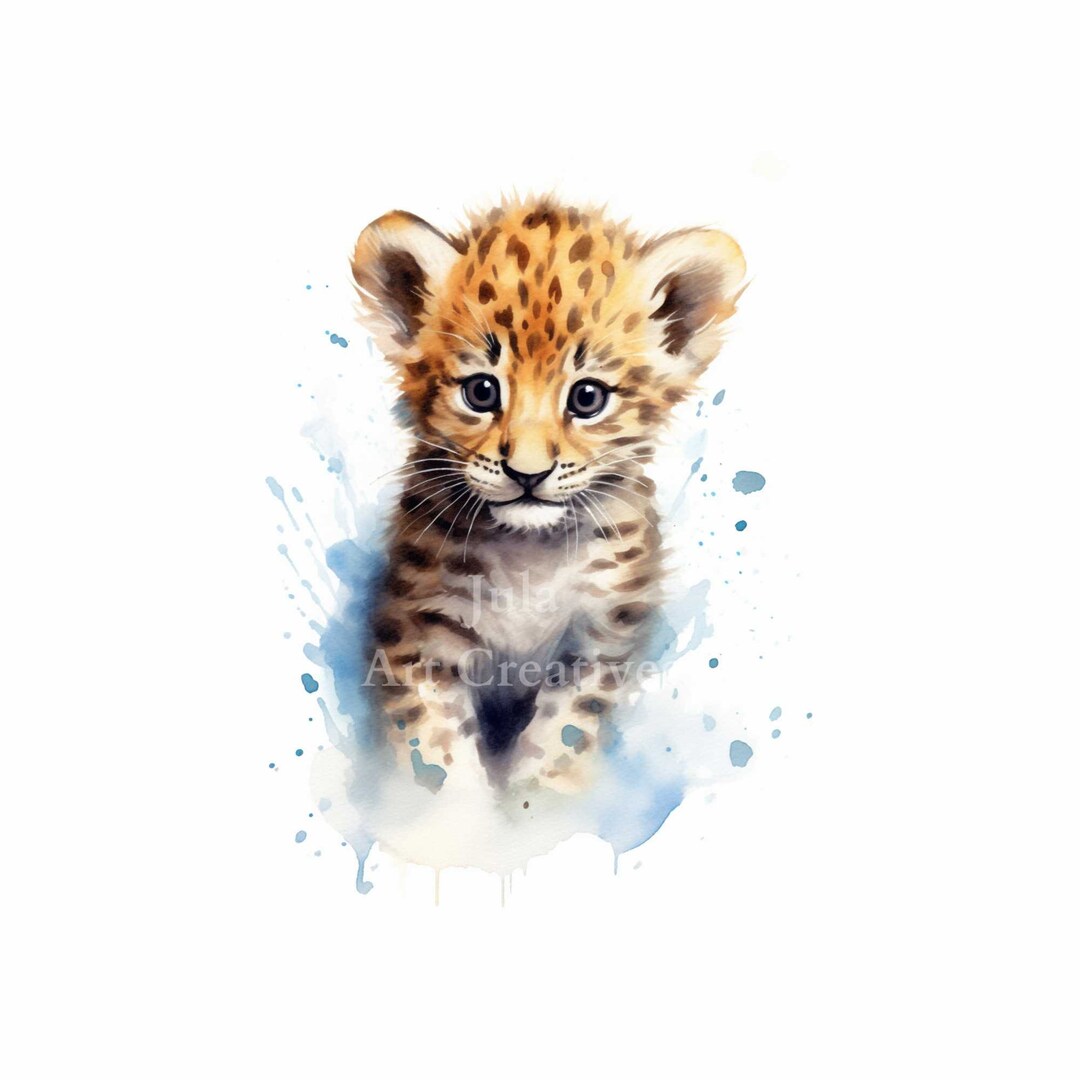 Watercolor Leopard Cub Print With Blue Details, Baby Leopard Printable ...
