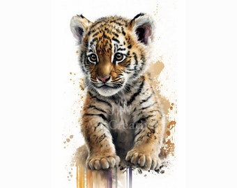Playing Baby Tiger Printable Wall Art, Playfull Watercolor Tiger Cub ...