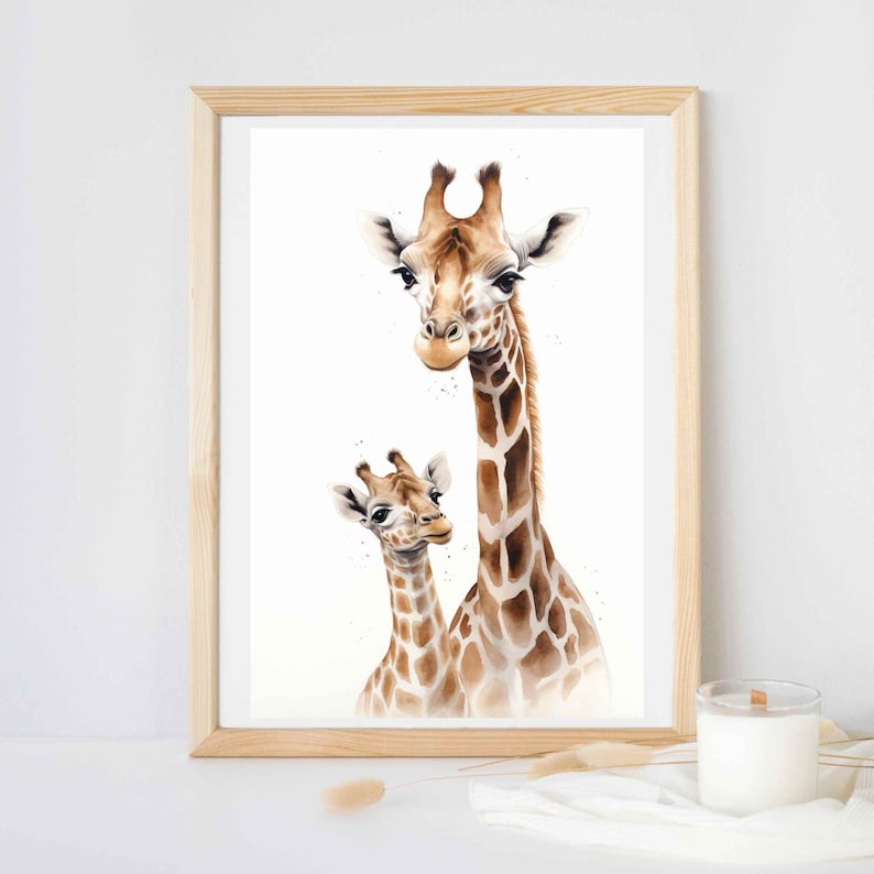 Mother and Baby Giraffe Printable Wall Art, Cute Watercolor Giraffe ...