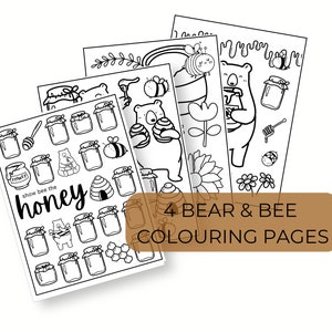 Honey, Bees and Bears Easy Colouring Page, 4 Page Set for Kids, Cute ...