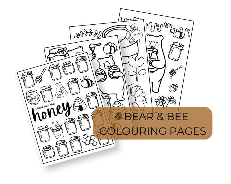 Honey, Bees and Bears Easy Colouring Page, 4 Page Set for Kids, Cute ...