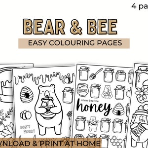 Honey, Bees and Bears Easy Colouring Page, 4 Page Set for Kids, Cute ...