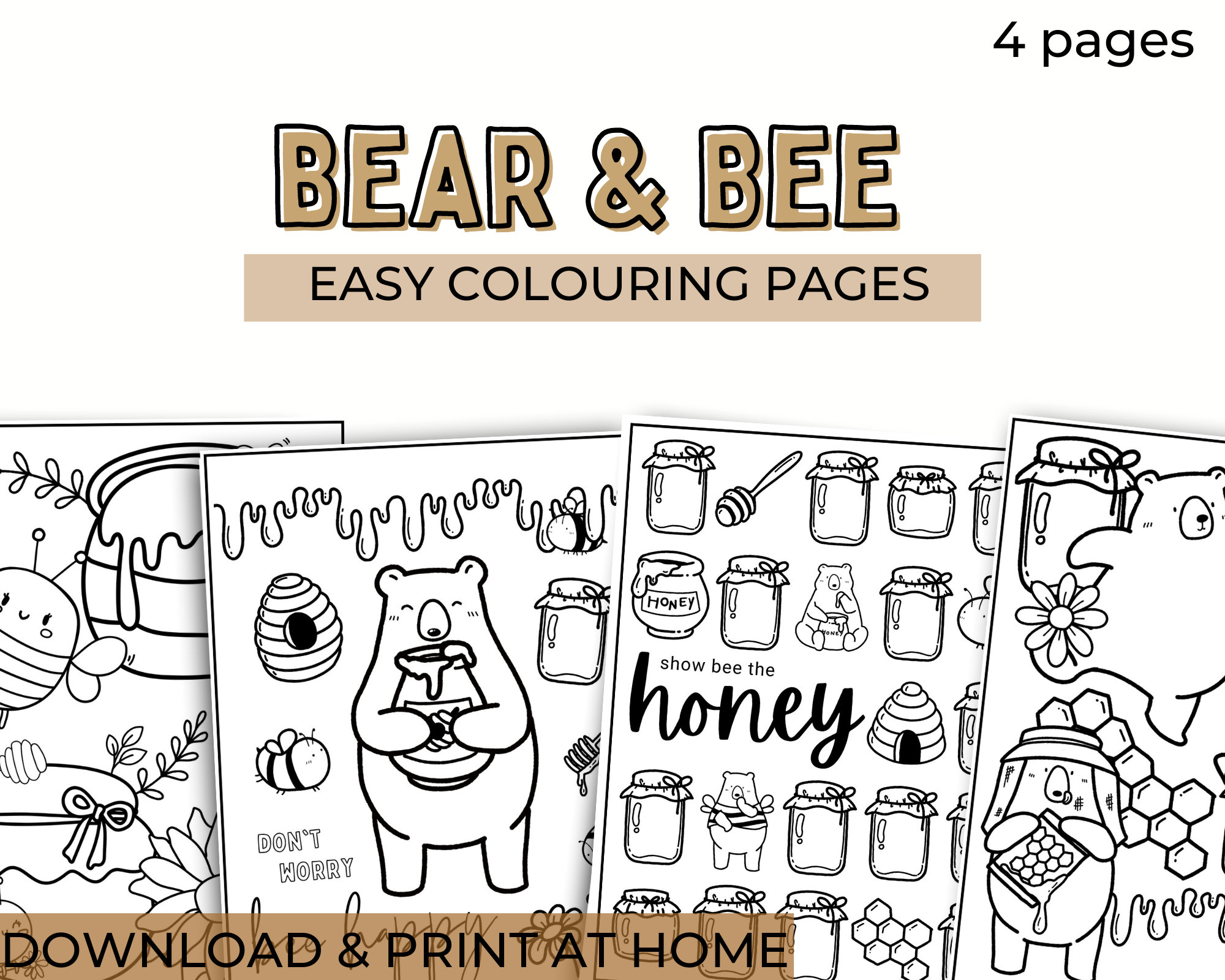 Honey, Bees and Bears Easy Colouring Page, 4 Page Set for Kids, Cute ...