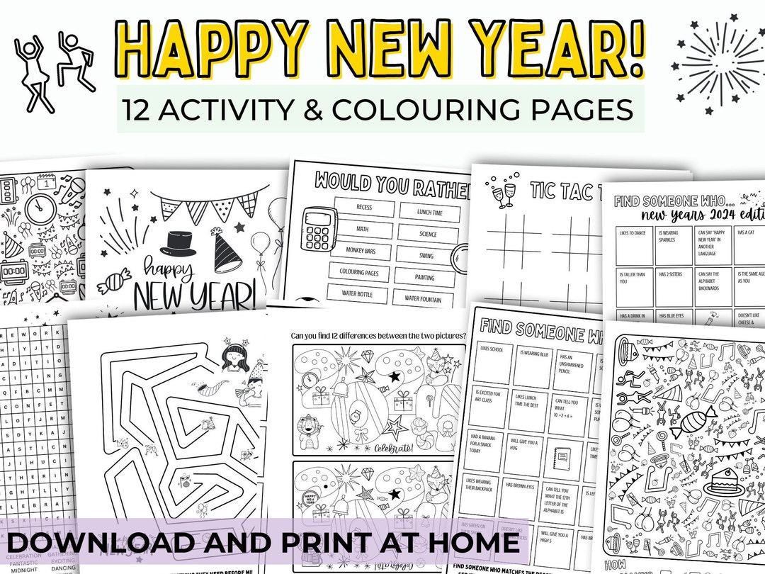 New Years Kid Colouring & Activity Page Printable 12 Page Download Kids ...