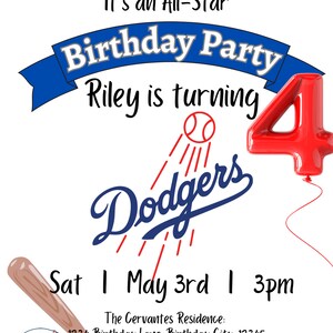 Dodgers Themed Birthday Invitation, Birthday Invite, Custom Dodgers ...