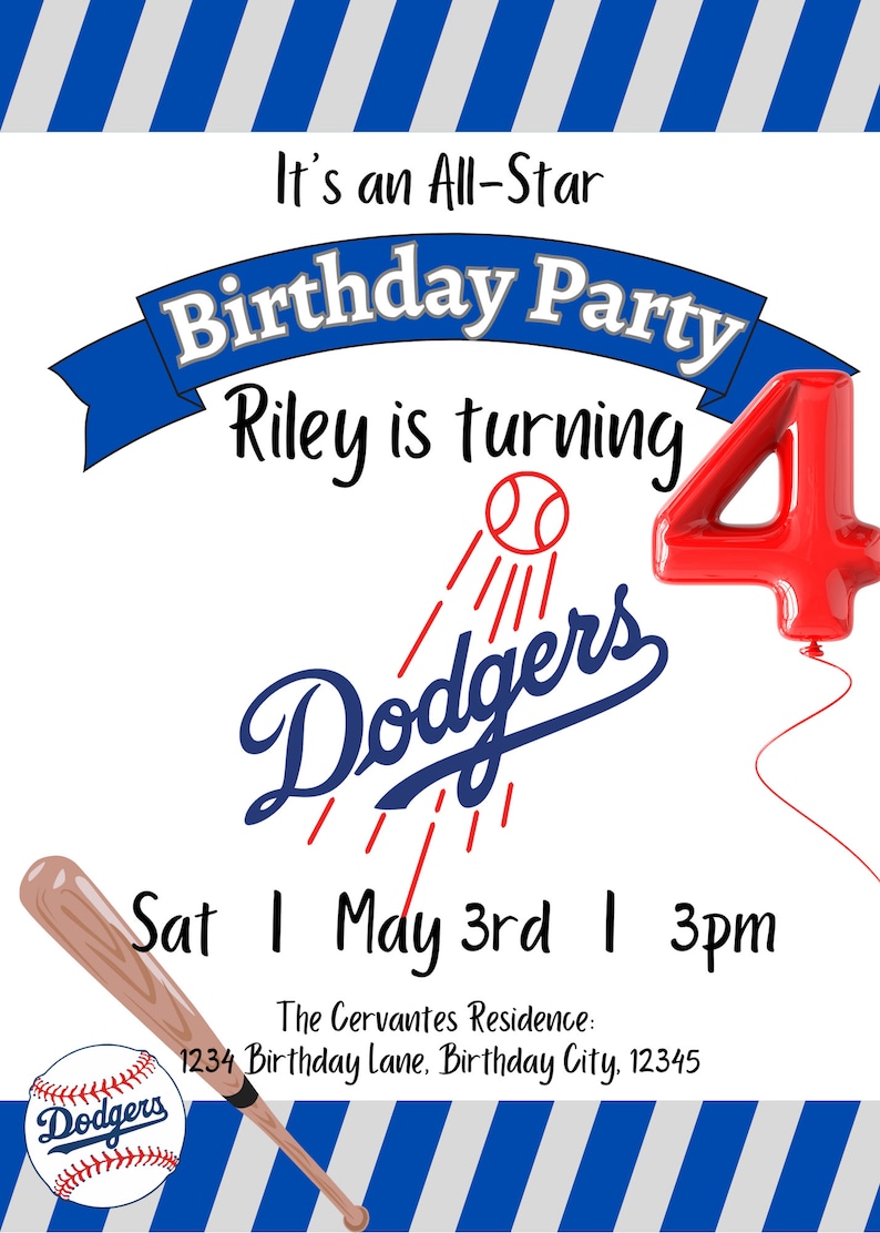 Dodgers Themed Birthday Invitation, Birthday Invite, Custom Dodgers ...