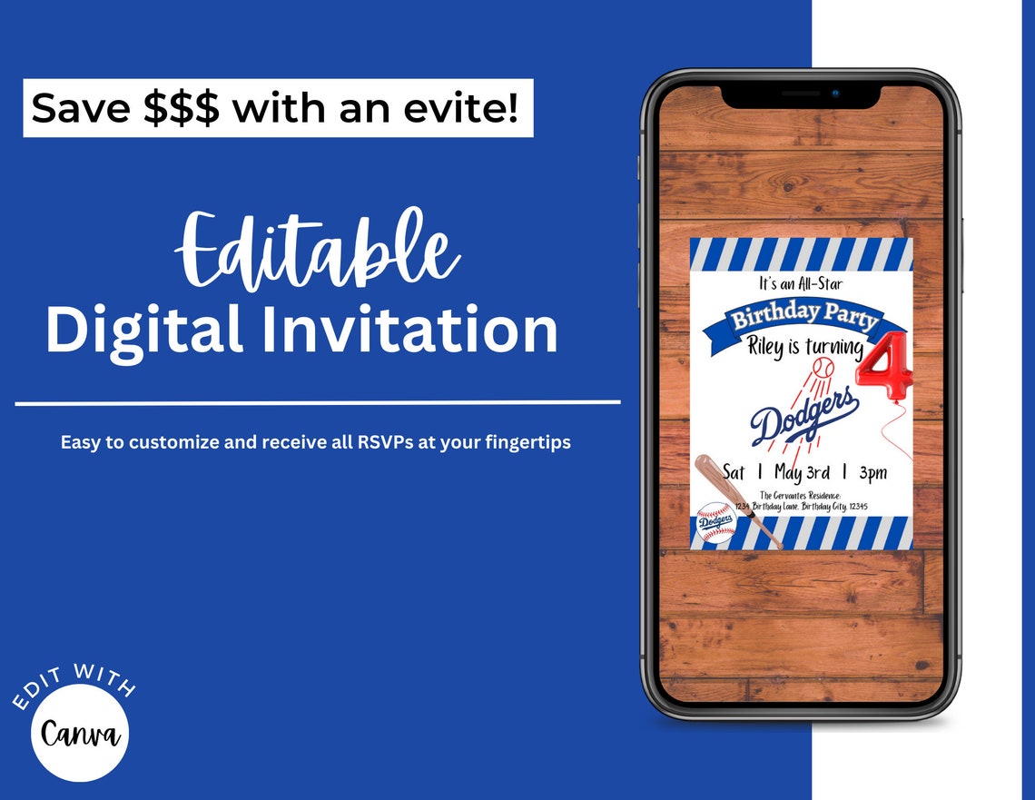 Dodgers Themed Birthday Invitation, Birthday Invite, Custom Dodgers ...