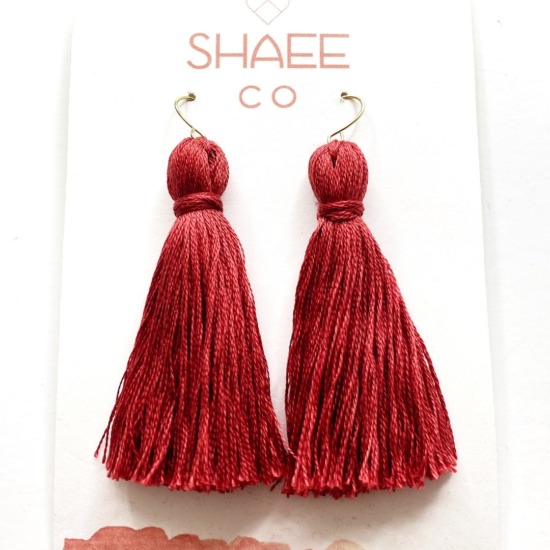Deep Red Tassel Earrings, Handmade Red Cotton Earrings - Etsy