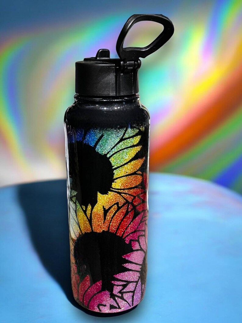 40oz Glitter Sunflower Water Bottle - Holographic Rainbow Sparkle ...