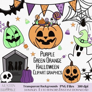 Cute Halloween Clipart Graphics Green Orange Purple - Etsy