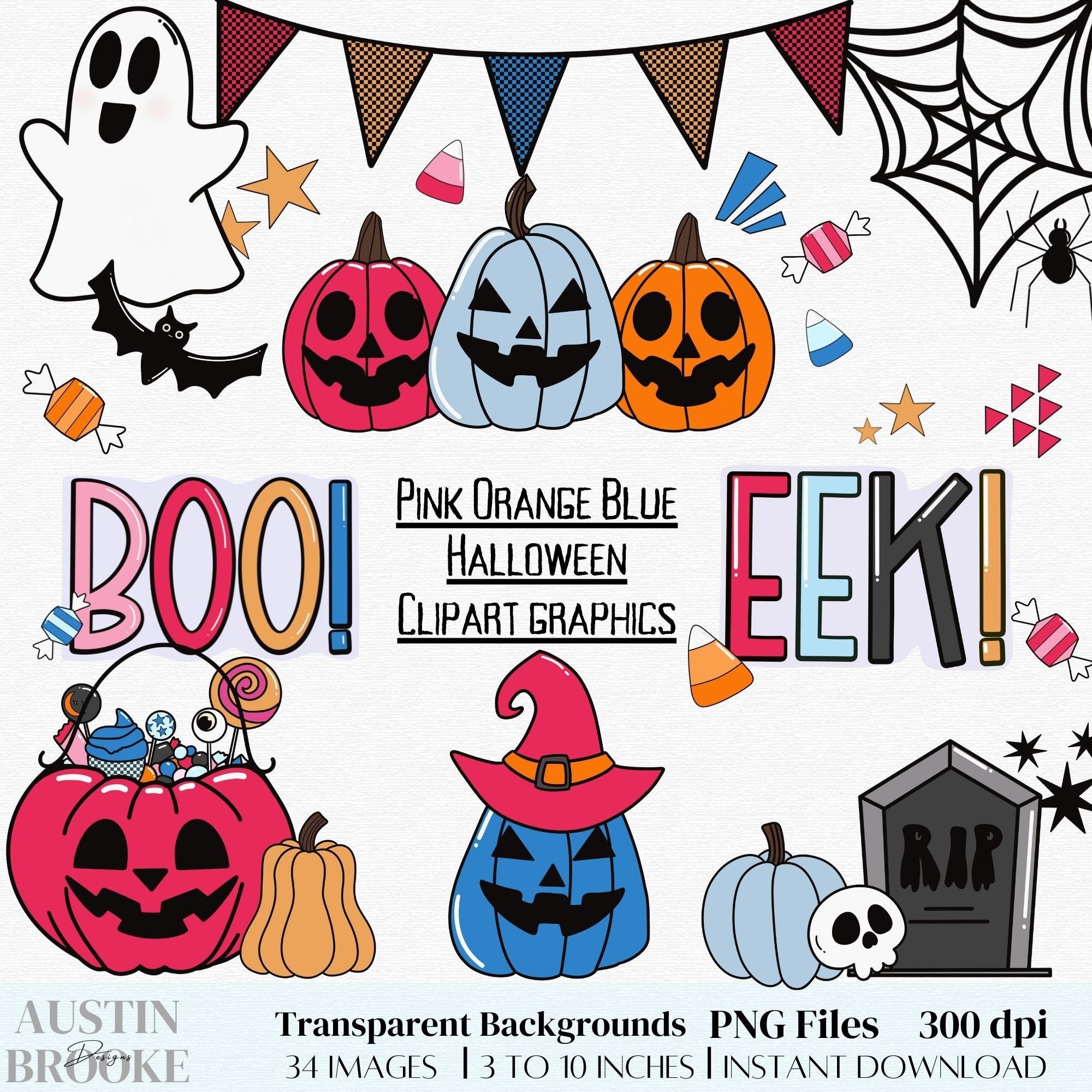 Cute Halloween Clipart, Pink Blue Orange Halloween PNG, Pumpkins Skull ...