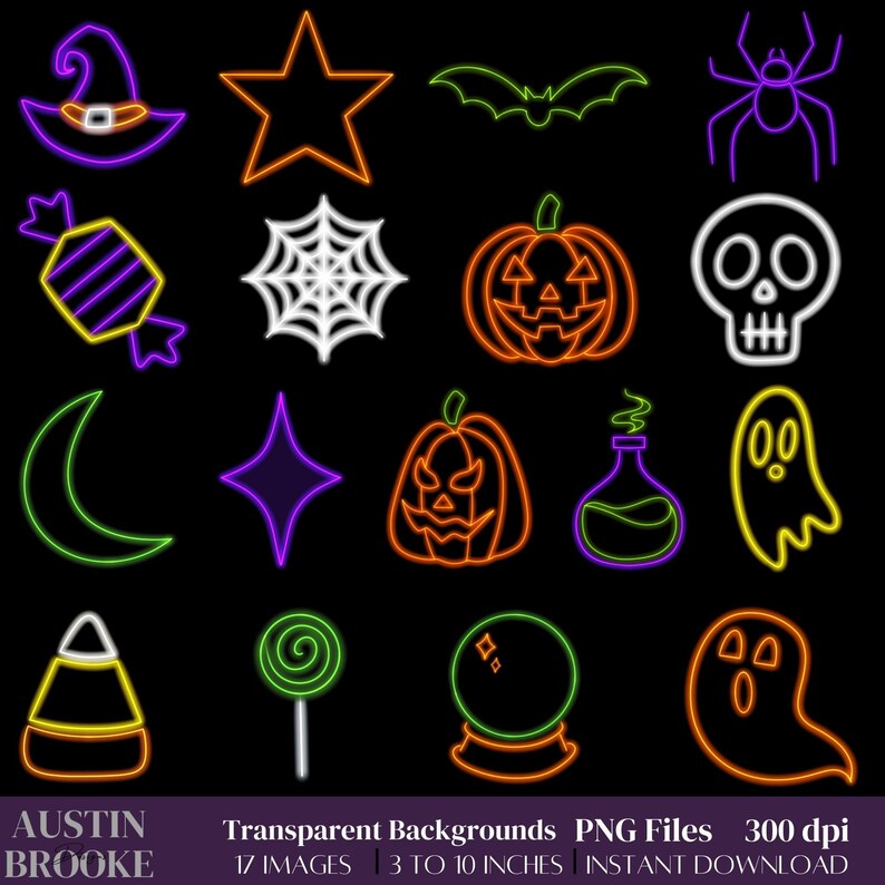 Neon Halloween Clipart Graphics, Bright Neon Clipart Pngs, Instant ...
