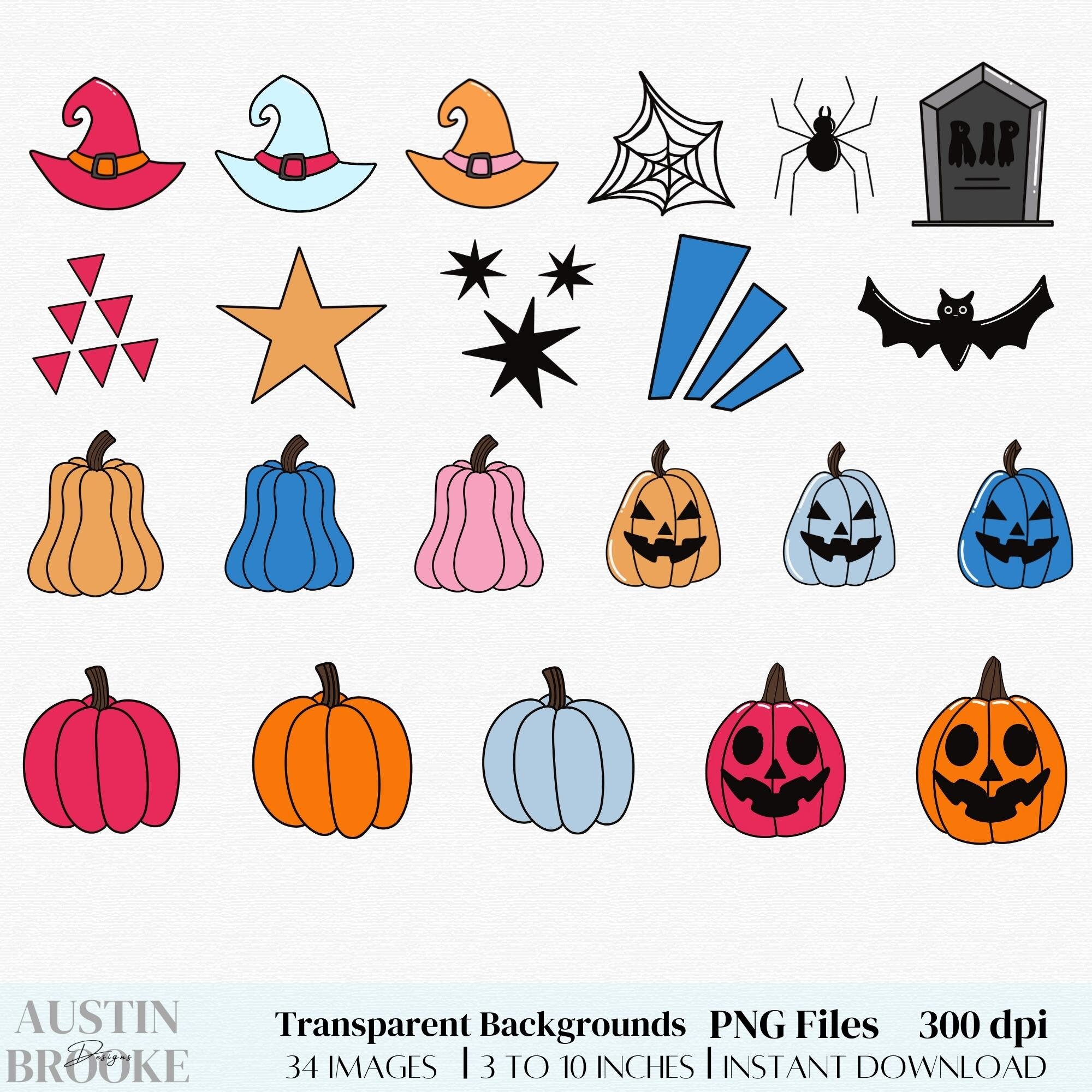 Cute Halloween Clipart, Pink Blue Orange Halloween PNG, Pumpkins Skull ...