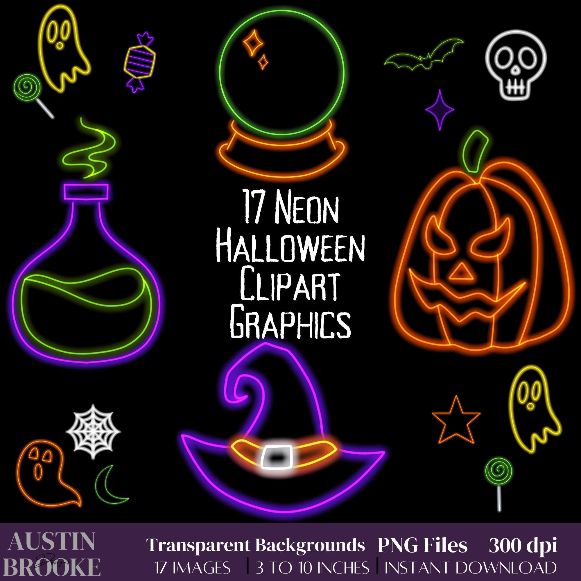 Neon Halloween Clipart Graphics, Bright Neon Clipart Pngs, Instant ...