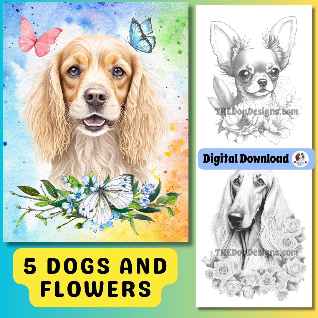 5 Beautiful Dog Breeds With Flowers Grayscale Coloring Pages ...