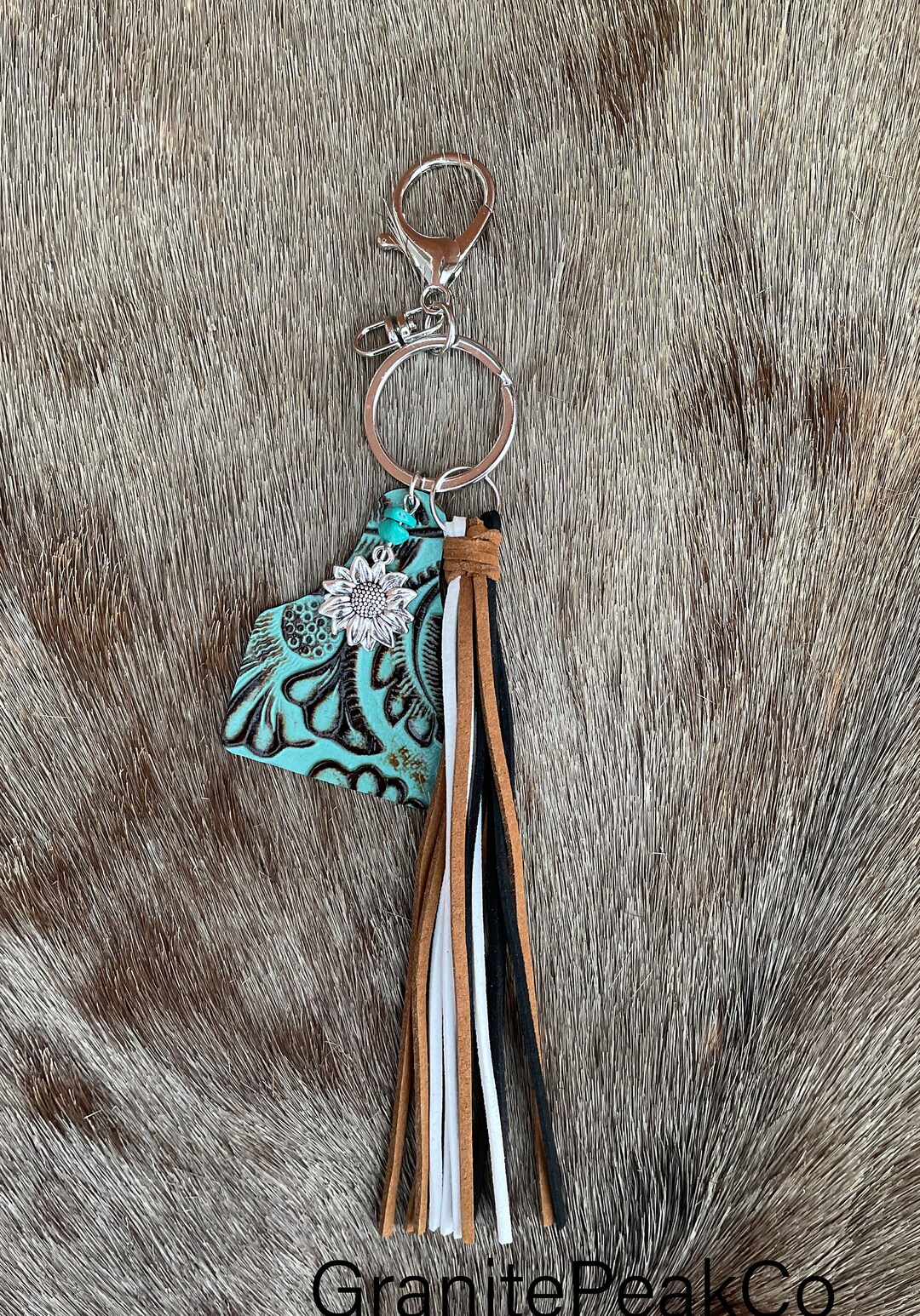 Turquoise Cow Tag Key Chain Embossed Leather Key Chain western Tassel ...
