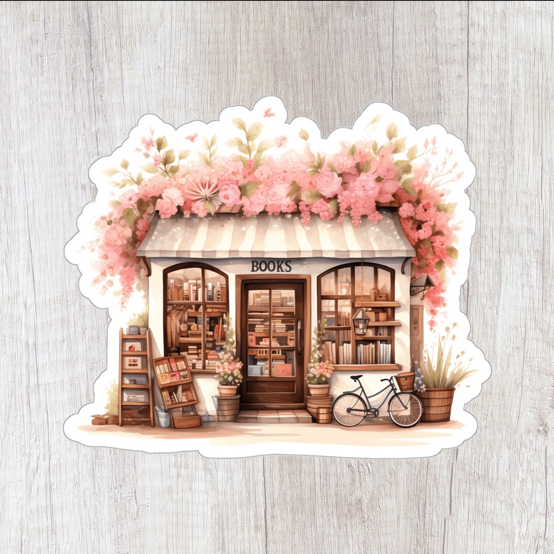 Cute Bookstore With Blooming Flowers Sticker | Bookstore Sticker ...