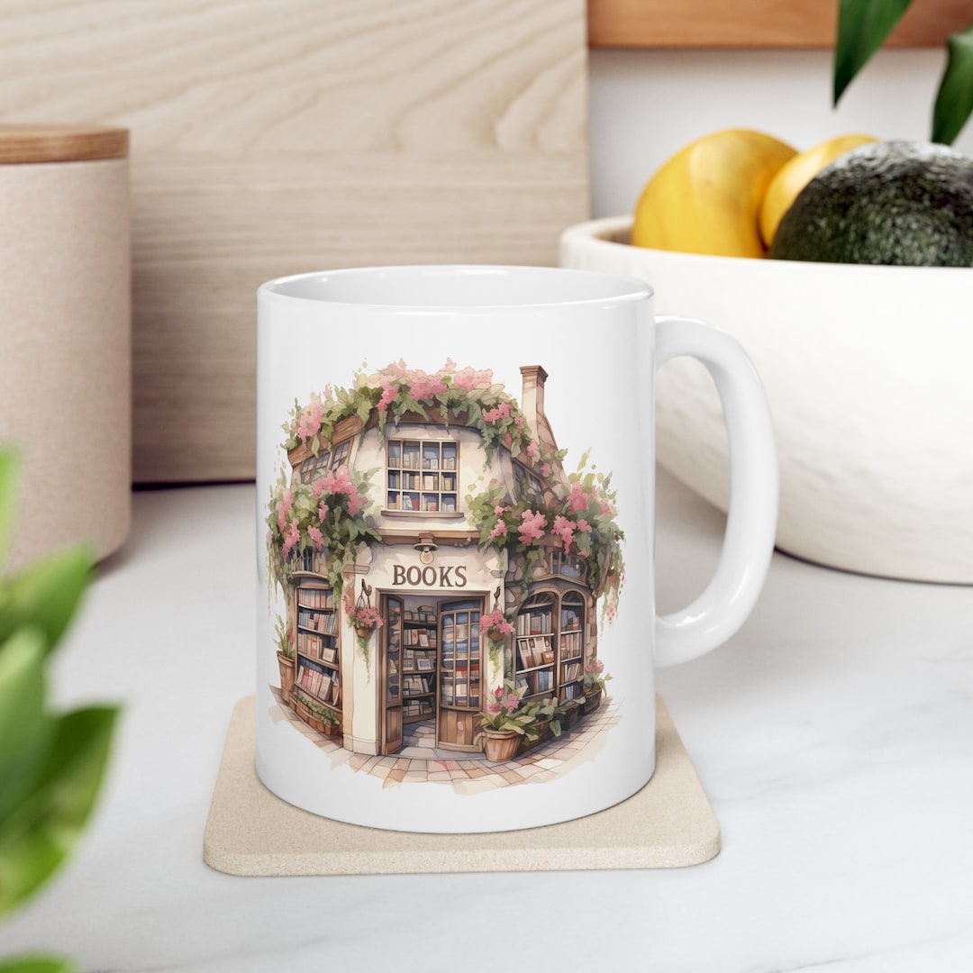 Cottage Bookstore With Blooming Flowers Mug Bookstore Mug Watercolor ...