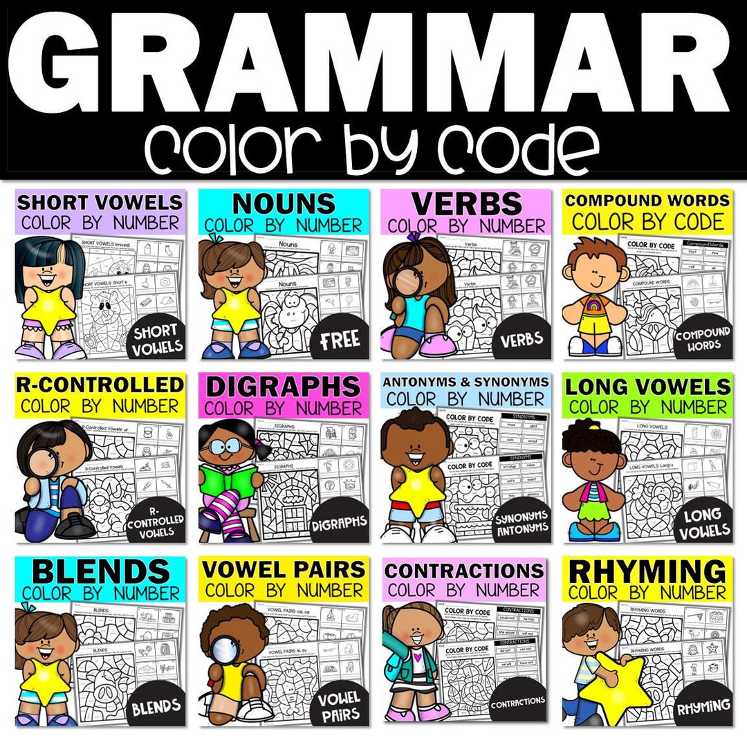 Kids Monthly Color by Code Worksheet Bundle Grammar Reading Activities ...