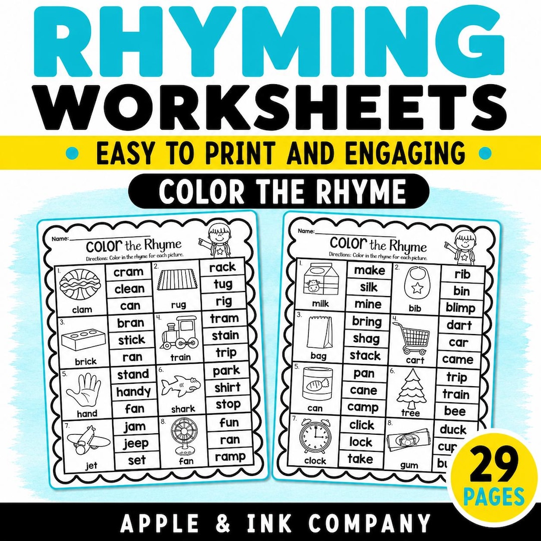 Rhyming Worksheets for Kids, Color Matching Activities, Word Family ...