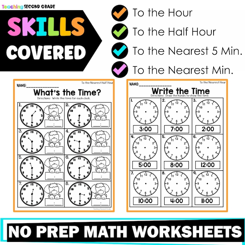 75-page Kids Telling Time Activity Worksheet Bundle 1st 2nd 3rd Grade ...