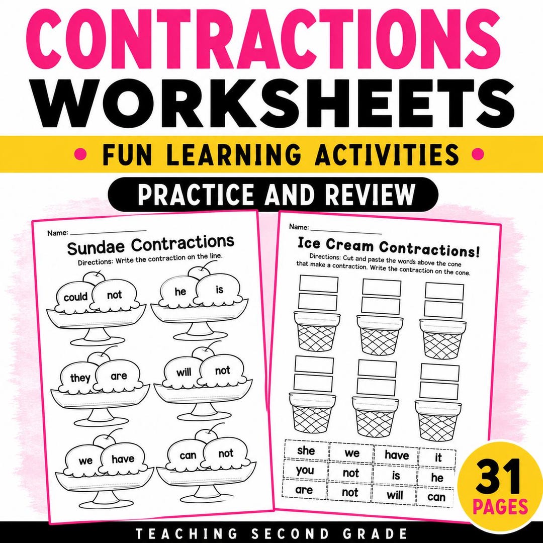 Contractions Worksheets | Cut and Paste Grammar Practice | 1st-2nd ...