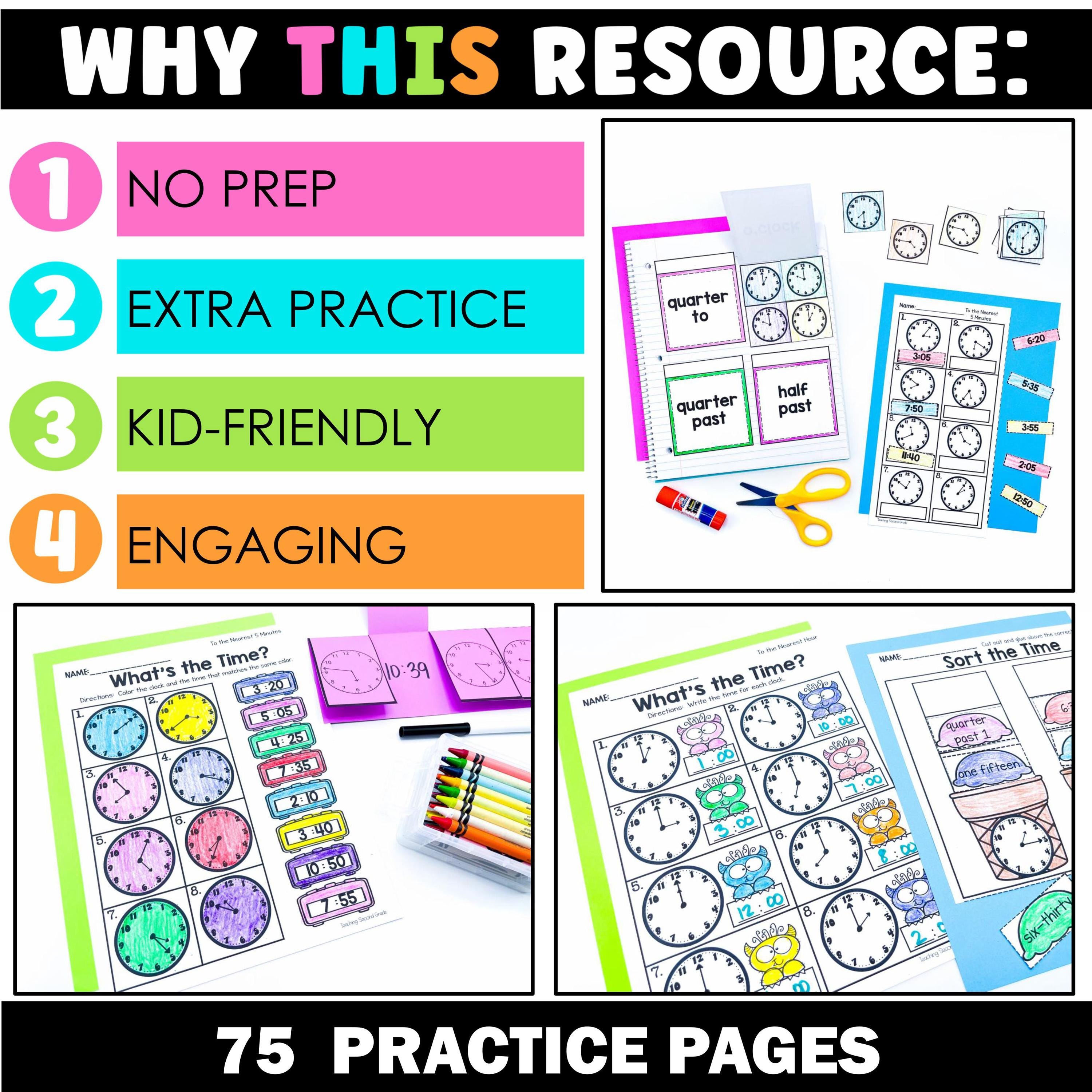 75-page Kids Telling Time Activity Worksheet Bundle 1st 2nd 3rd Grade ...