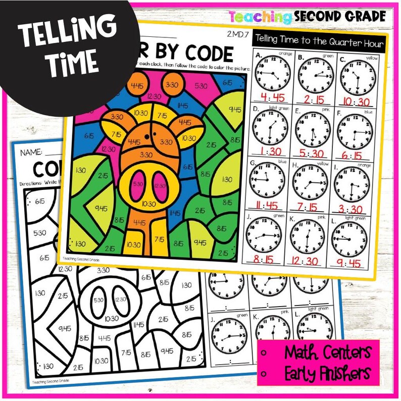 Telling Time Color by Number Printable Math Activities for 1st 2nd ...