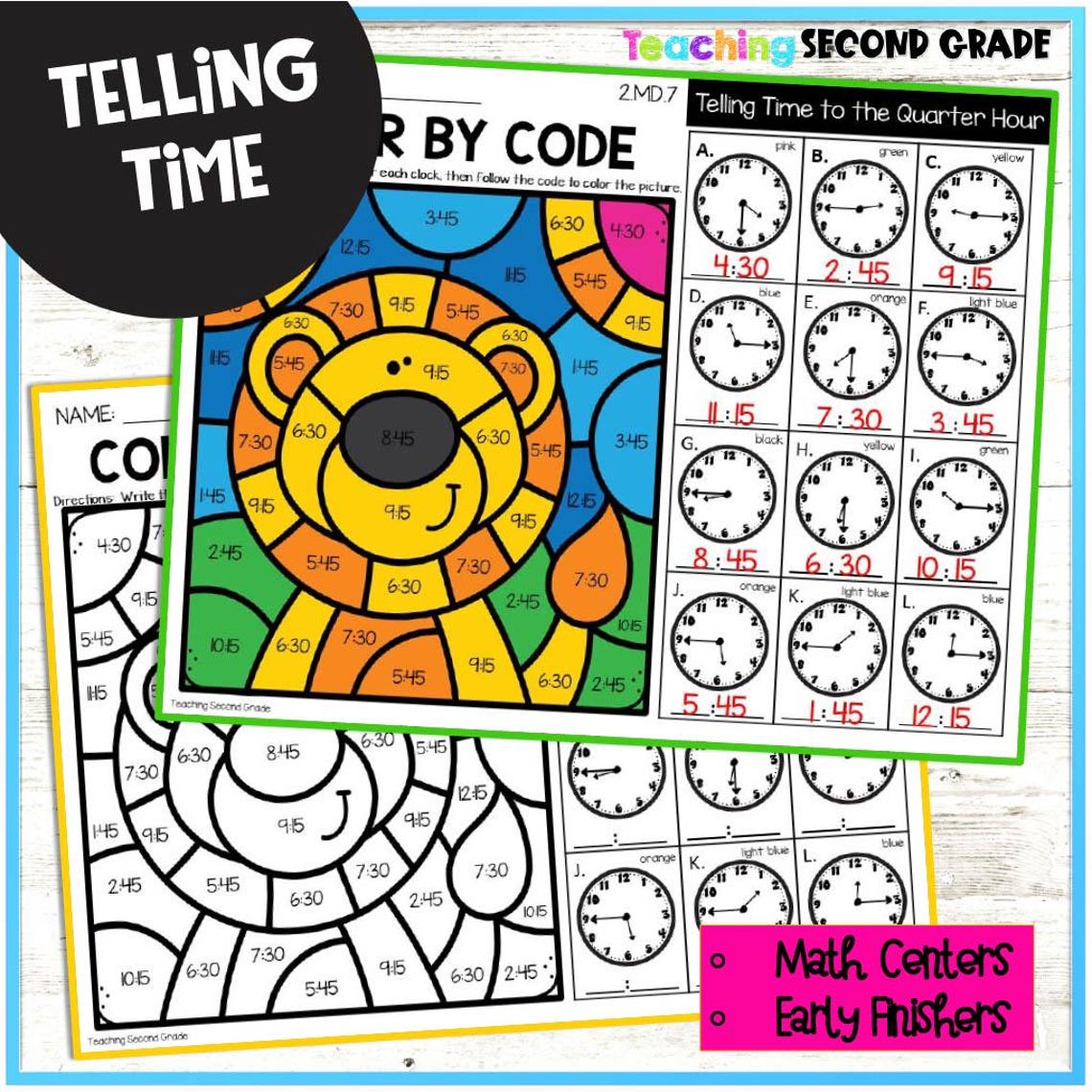 Telling Time Color by Number Printable Math Activities for 1st 2nd ...