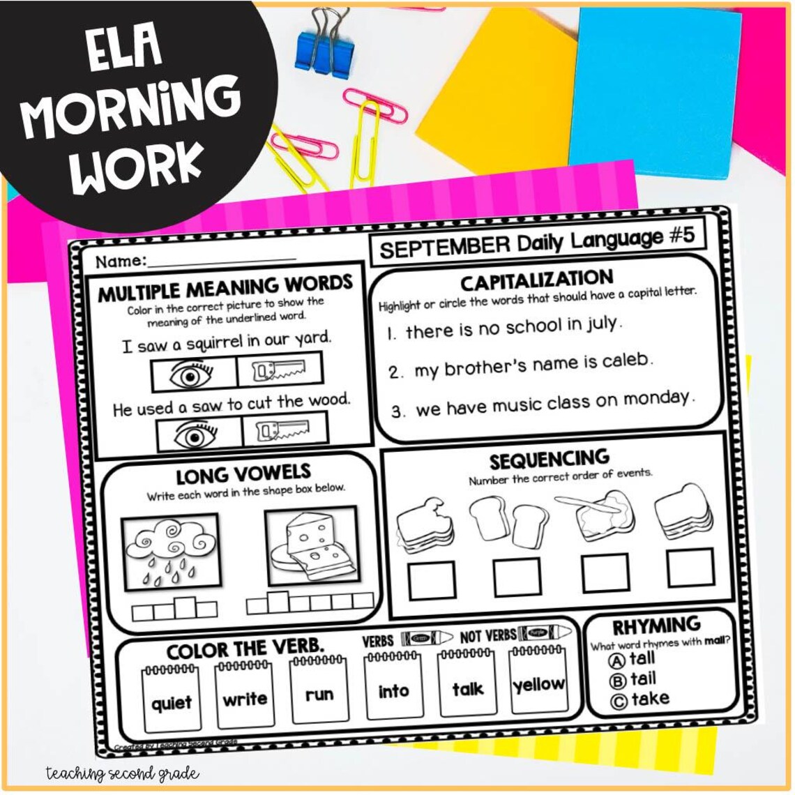 44-page Morning Work 2nd Grade Worksheet Bundle English Language Arts ...