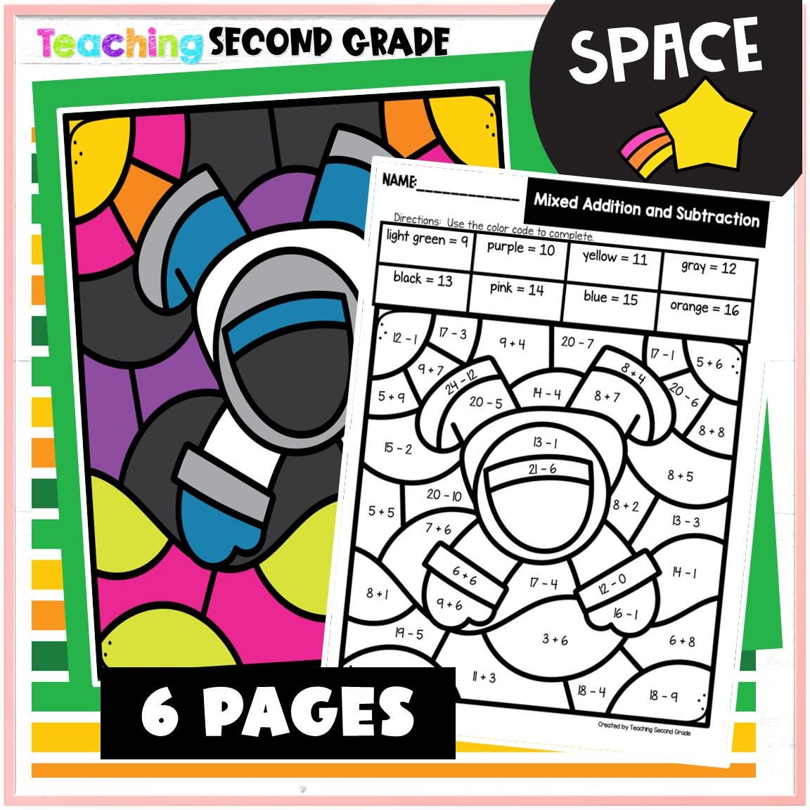 Space Color by Number Printable Math Activities for 1st 2nd 3rd Grade ...