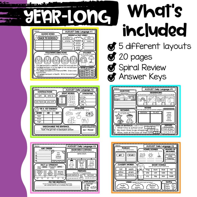 12-month Daily Language Arts Worksheet Bundle ELA Activities for Second ...