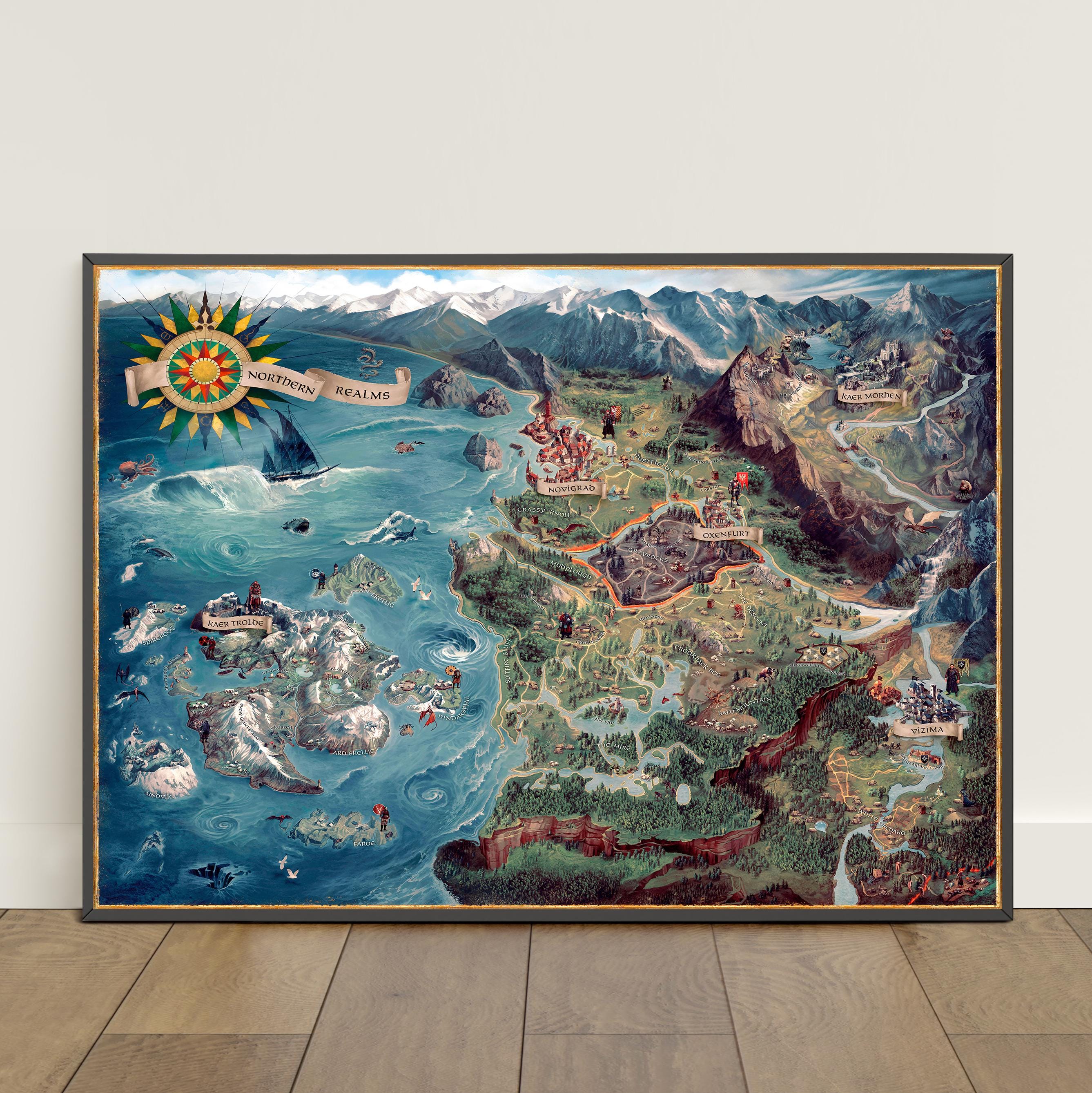 Witcher World Map Poster | Continent Locations Wall Art | Game Canvas ...