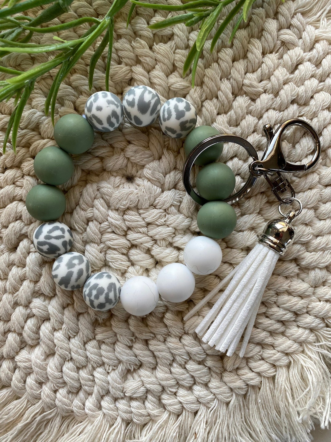 Wristlet Keychain Green, White, Leopard Stretchy Keychain, Custom ...