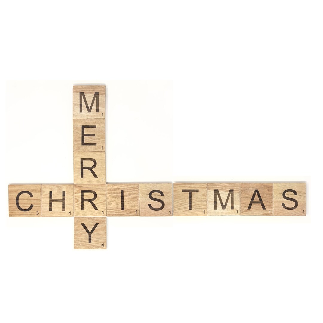 MERRY CHRISTMAS Solid Oak Scrabble Letter Tiles Large 100mm Wooden Sign ...