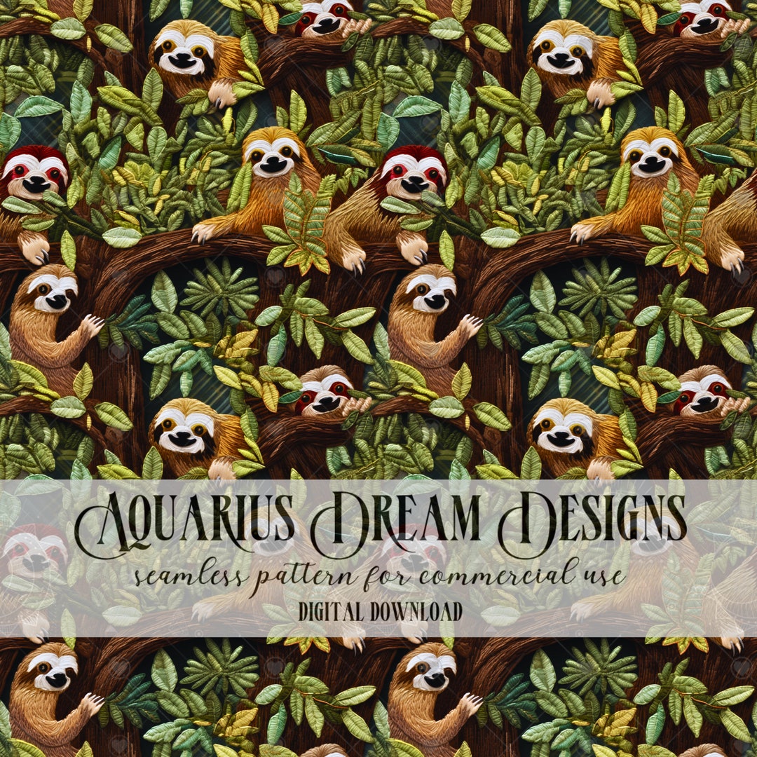 Embroidery Seamless File, Embroidery Sloth Seamless Pattern ...