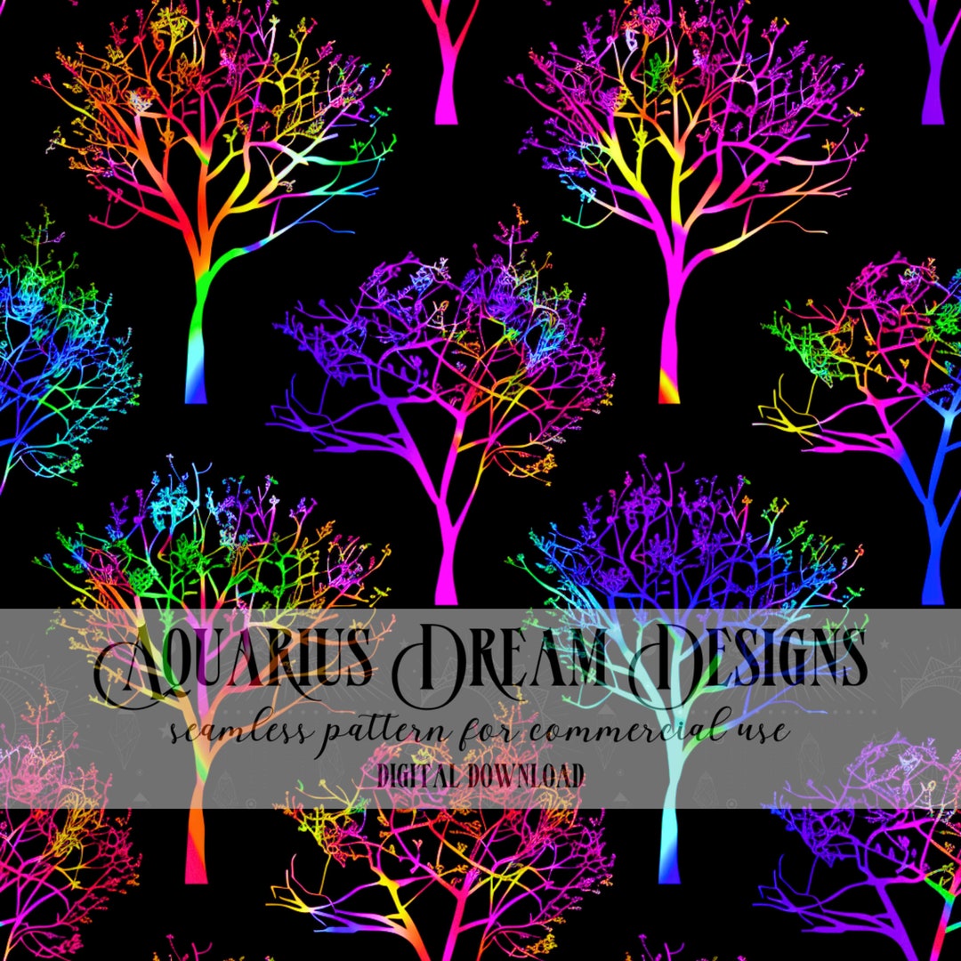 Tree of Life Seamless File, Neon Magical Forest Digital Pattern, Neon ...
