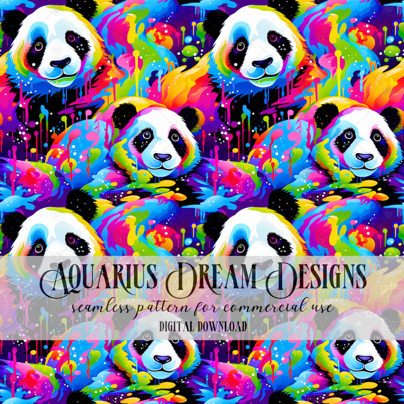Rainbow Pandas Seamless File, Cute Panda Bear Seamless Pattern, Neon ...