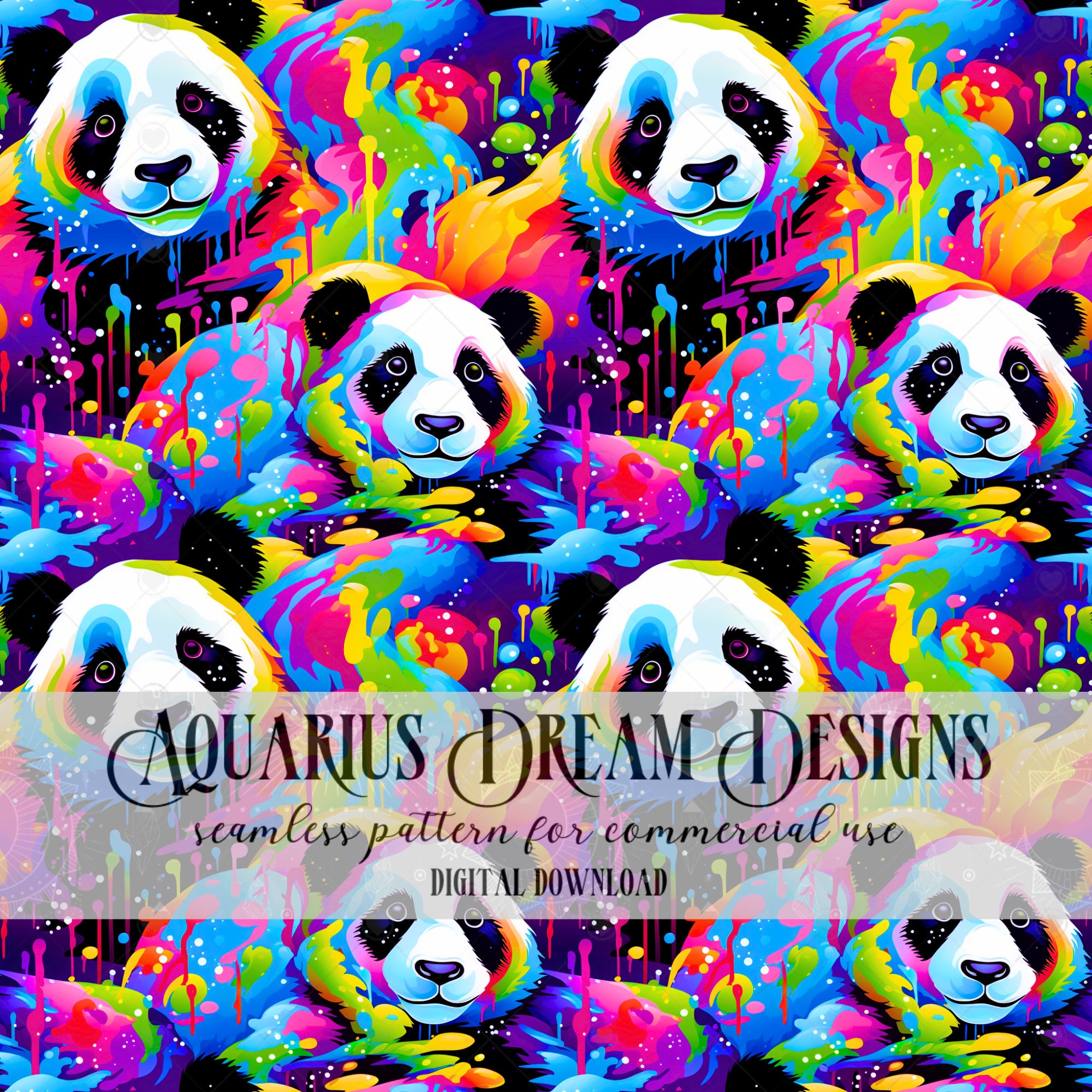 Rainbow Pandas Seamless File, Cute Panda Bear Seamless Pattern, Neon ...