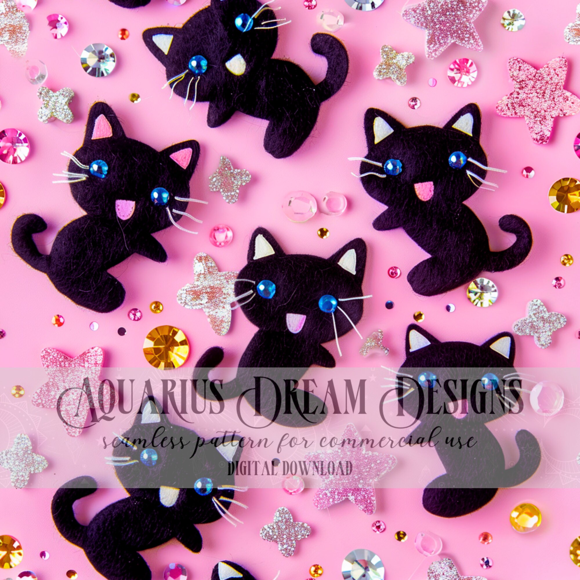 Embroidery Seamless File, Cute Kittens Seamless Pattern, Pink Black Cat ...