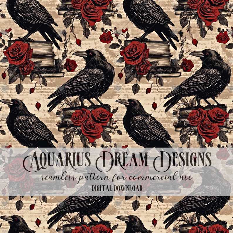 Edgar Allen Poe Seamless Pattern, Ravens and Roses Seamless, Raven ...