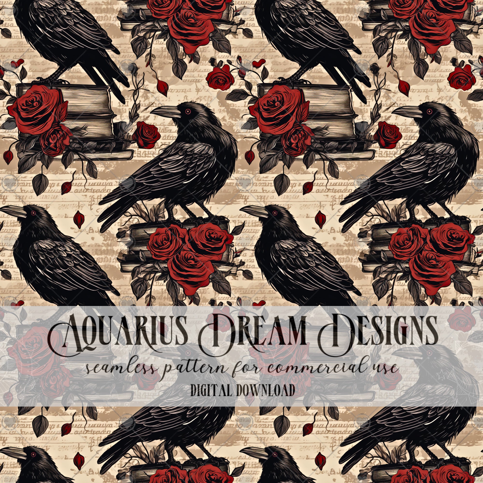 Edgar Allen Poe Seamless Pattern, Ravens and Roses Seamless, Raven ...