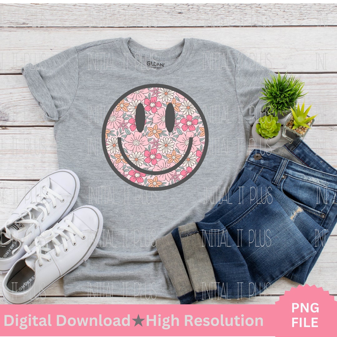 Retro PNG Boho Smiley Face PNG Bohemian PNG Vintage Flowers Smile Face ...