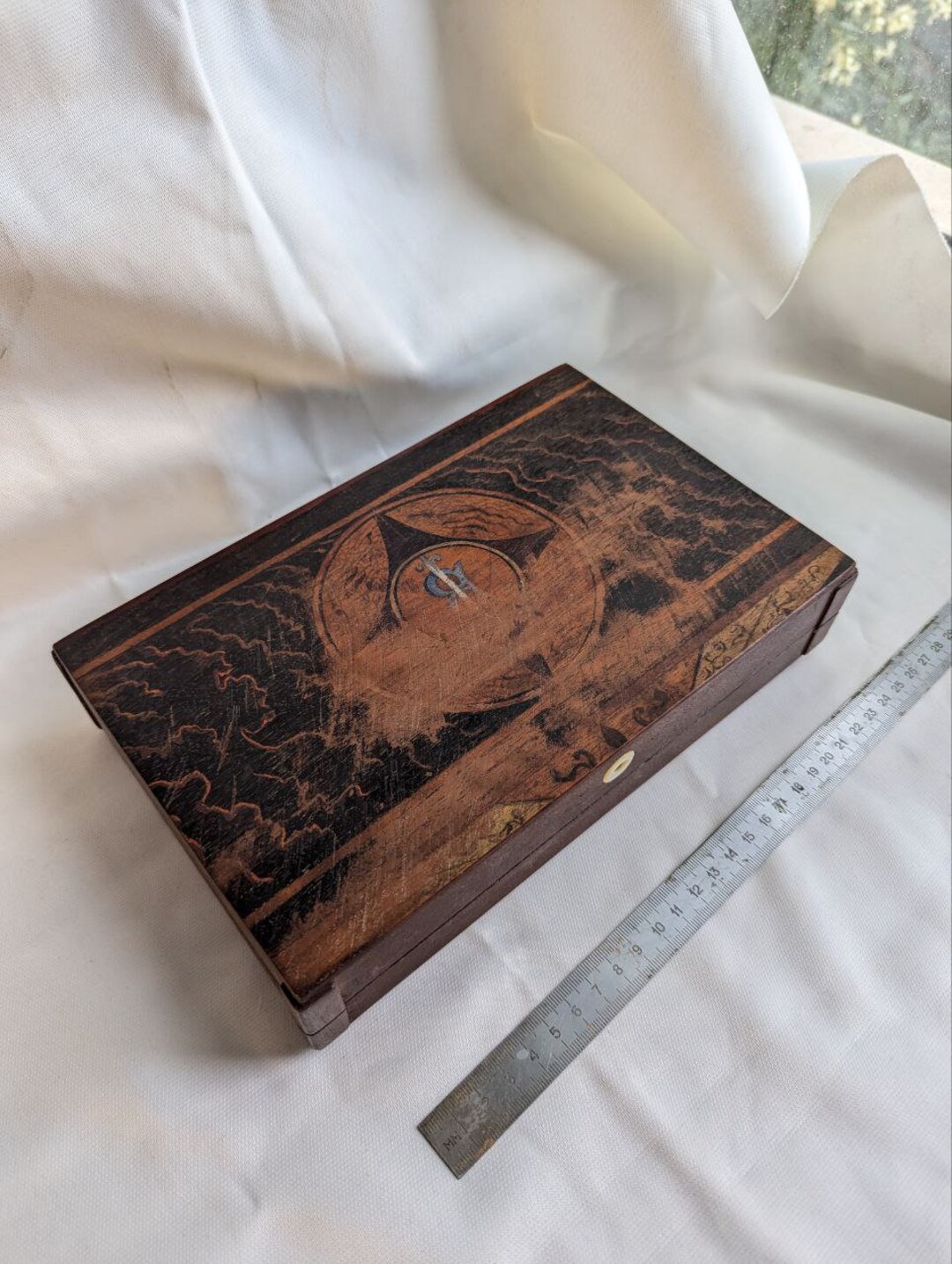 Vintage Wooden Box With Orange Velvet Inside, Old Inscriptions Visible ...