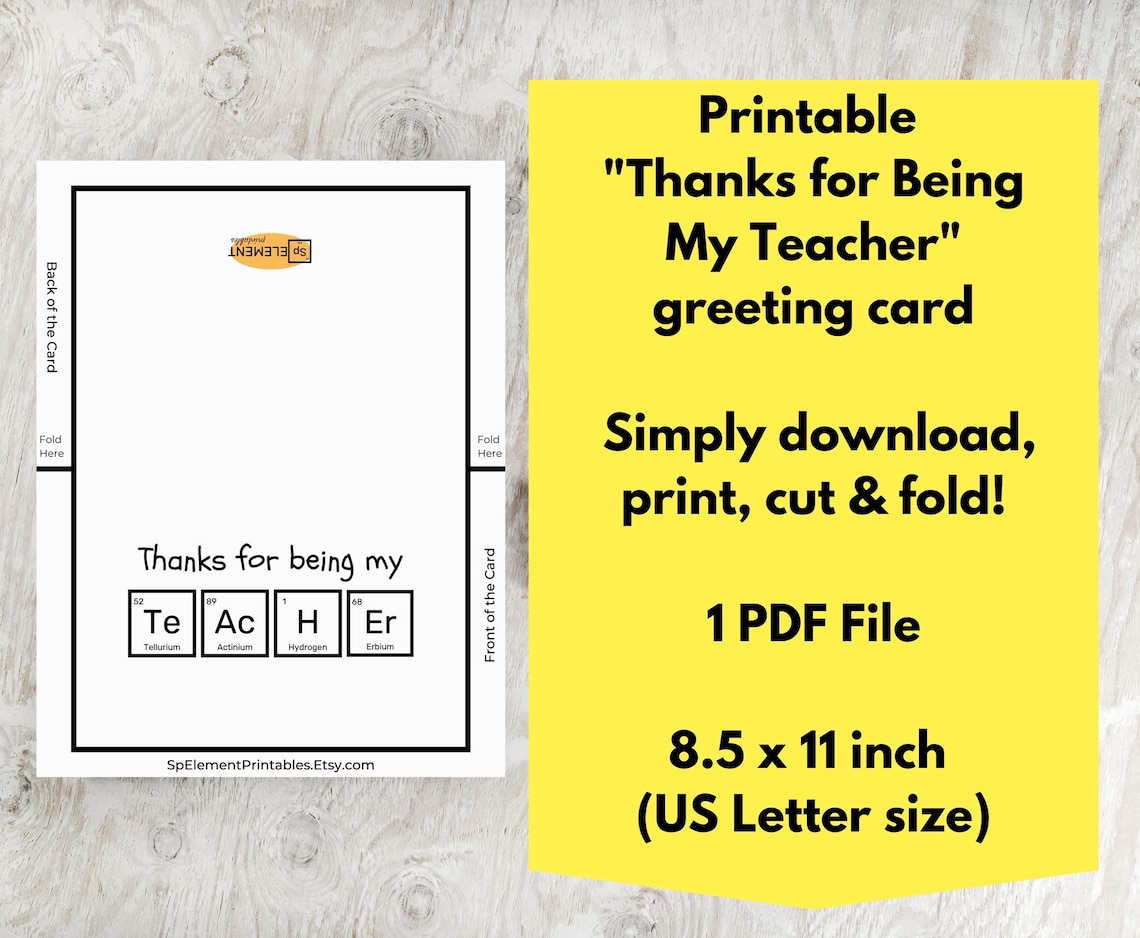 Science Teacher Thank You Card, Printable, Chemistry, Periodic Table of ...