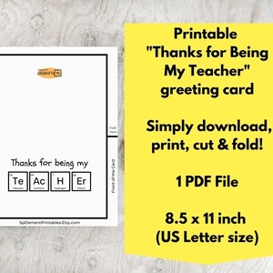 Science Teacher Thank You Card, Printable, Chemistry, Periodic Table of ...