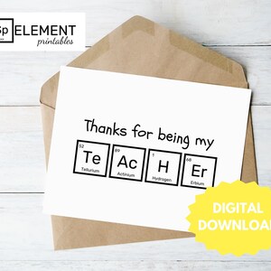 Science Teacher Thank You Card, Printable, Chemistry, Periodic Table of ...